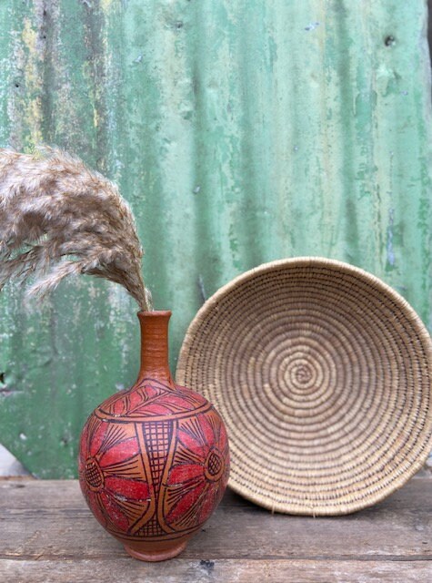Vintage Red Vase, Ceramic Bottle, Hand Painted Folk Style Pottery, Afr ...